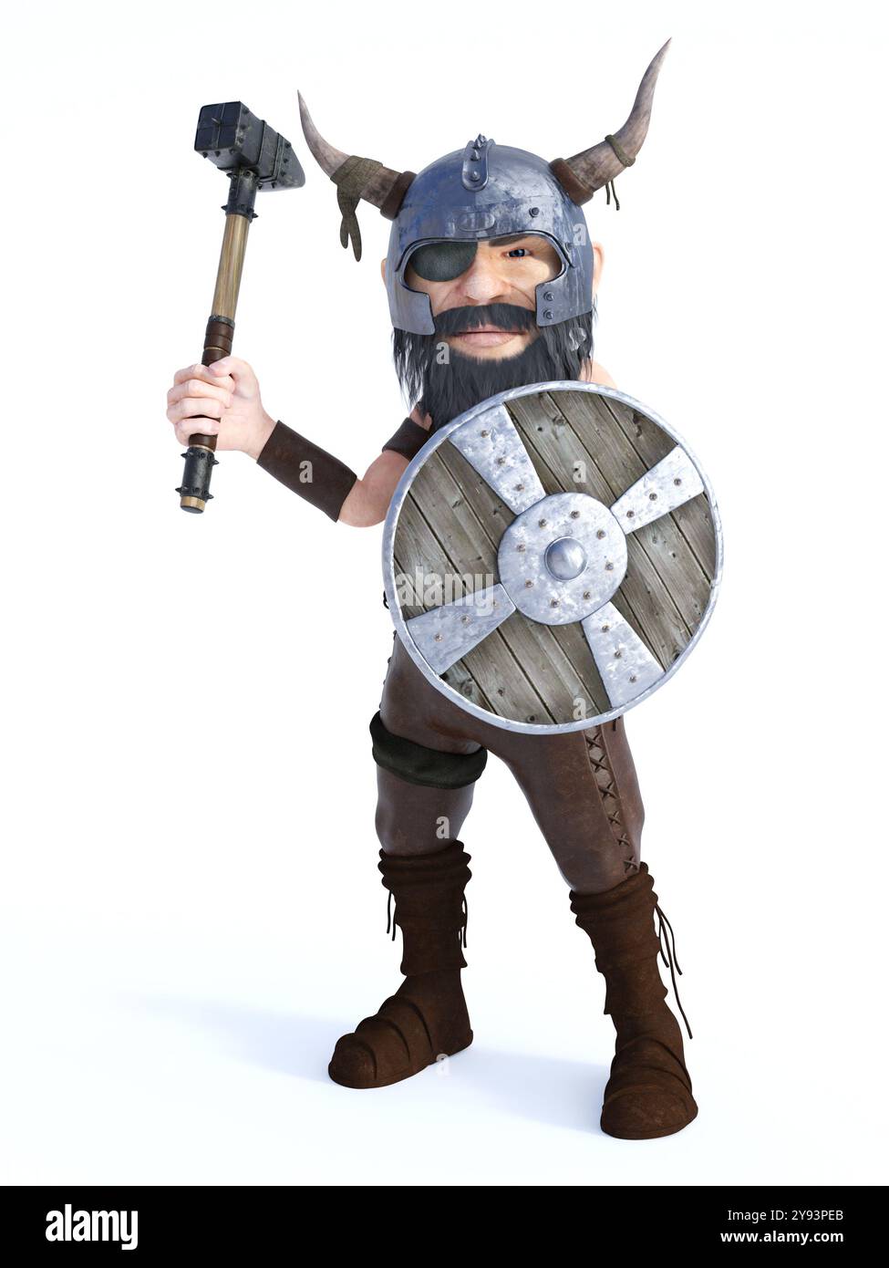 3D rendering of a viking man with his war hammer raised and shield ...
