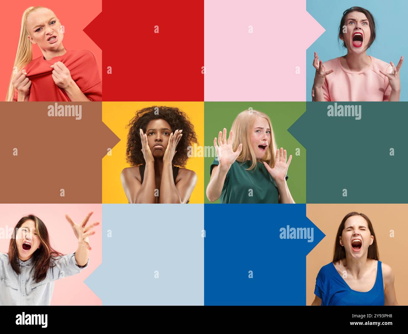 Collage. Four women expressing emotions of anger, stress and ...