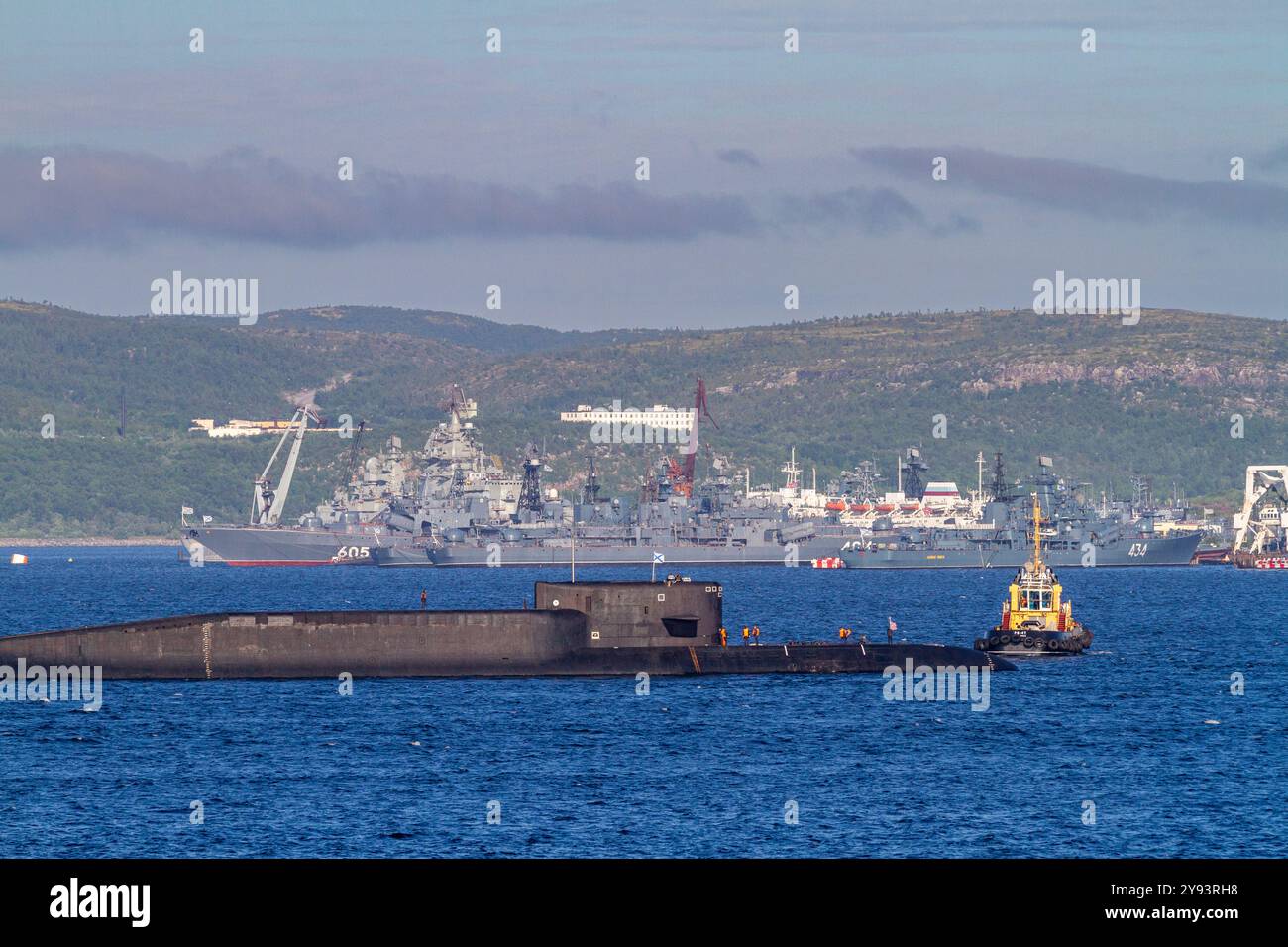 A view of a nuclear powered submarine in the industrial and militarized ...