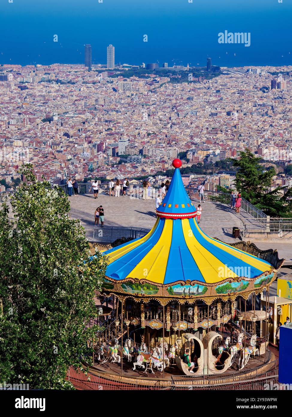 Carousel at the Tibidabo Amusement Park, elevated view, Mount Tibidabo ...