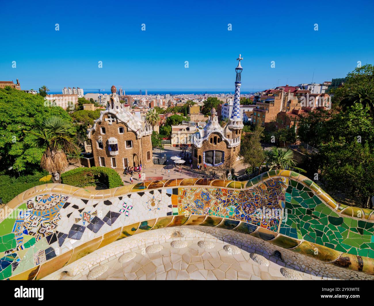 Mosaic Serpentine Bench at the Main Terrace, Park Guell, UNESCO World ...