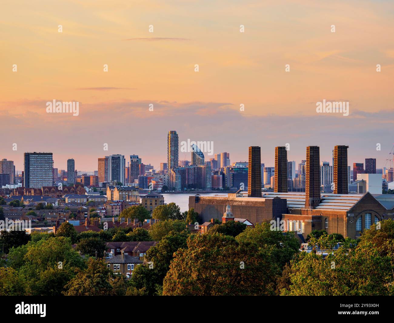 Greenwich Power Station at sunset, Greenwich, London, England, United ...