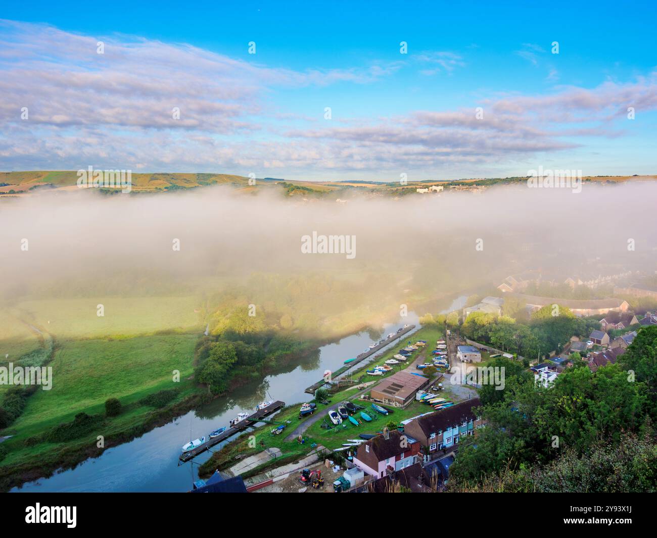 River Ouse and mist, elevated view, Lewes, East Sussex, England, United ...