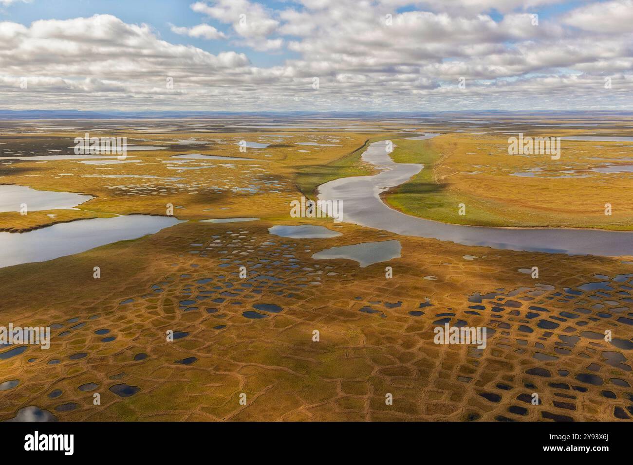 Aerial view of the tundra in the Lena River delta, Yakutia, Russia ...