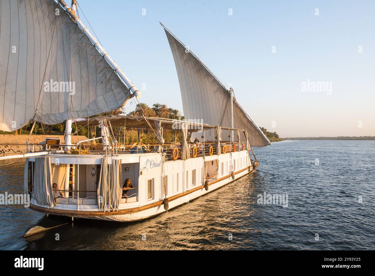 Dahabeah under sail, passenger river boat of the Lazuli fleet, sailing ...