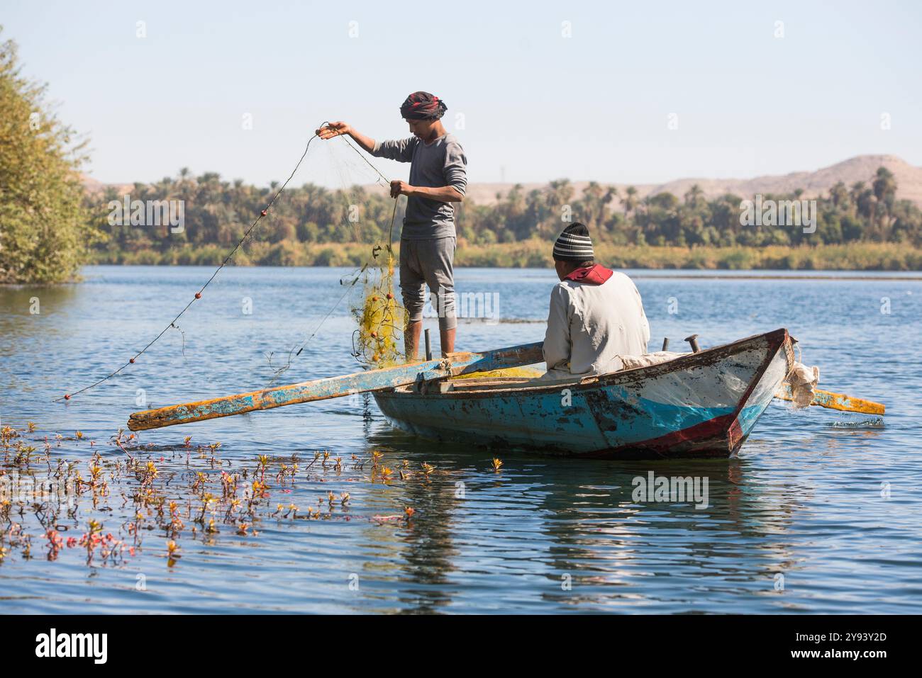 Net fishermen in rowing boat, village of Ramadi, west bank of the Nile ...