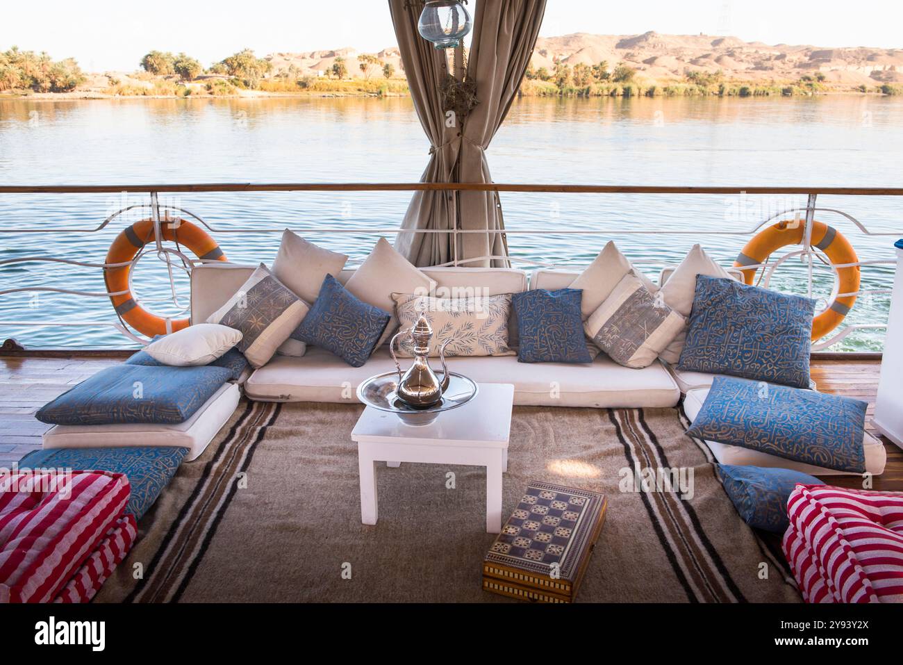 Lounge on the deck of a Dahabeah, passenger river boat of the Lazuli ...