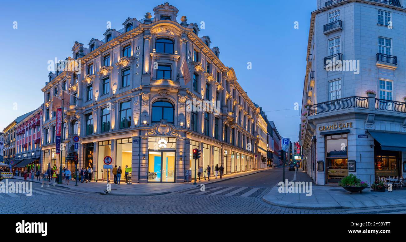View of architecture on Karl Johans Gate at dusk, Oslo, Norway ...