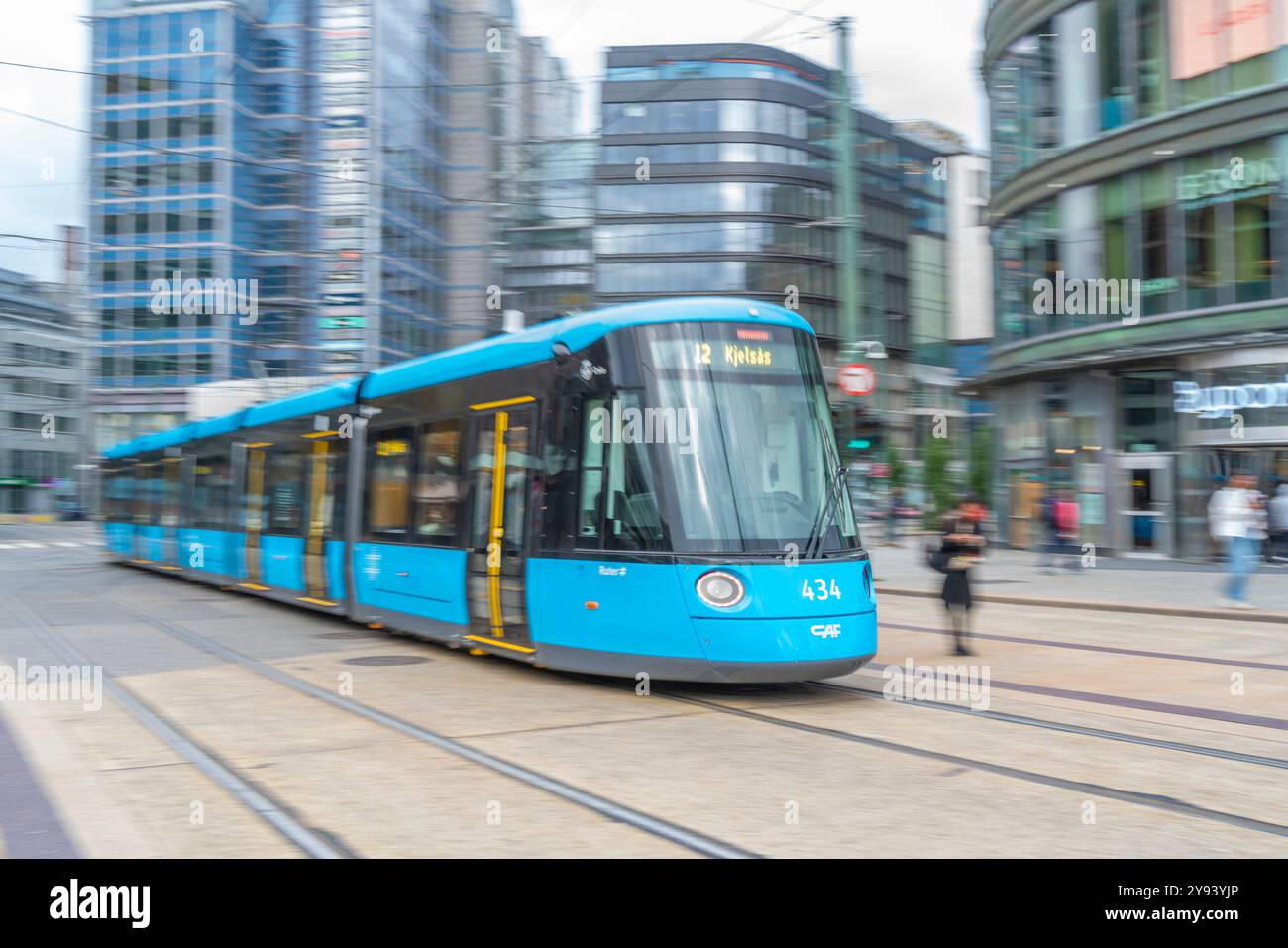 View of moving city tram in Jernbanetorget, Oslo, Norway, Scandinavia ...