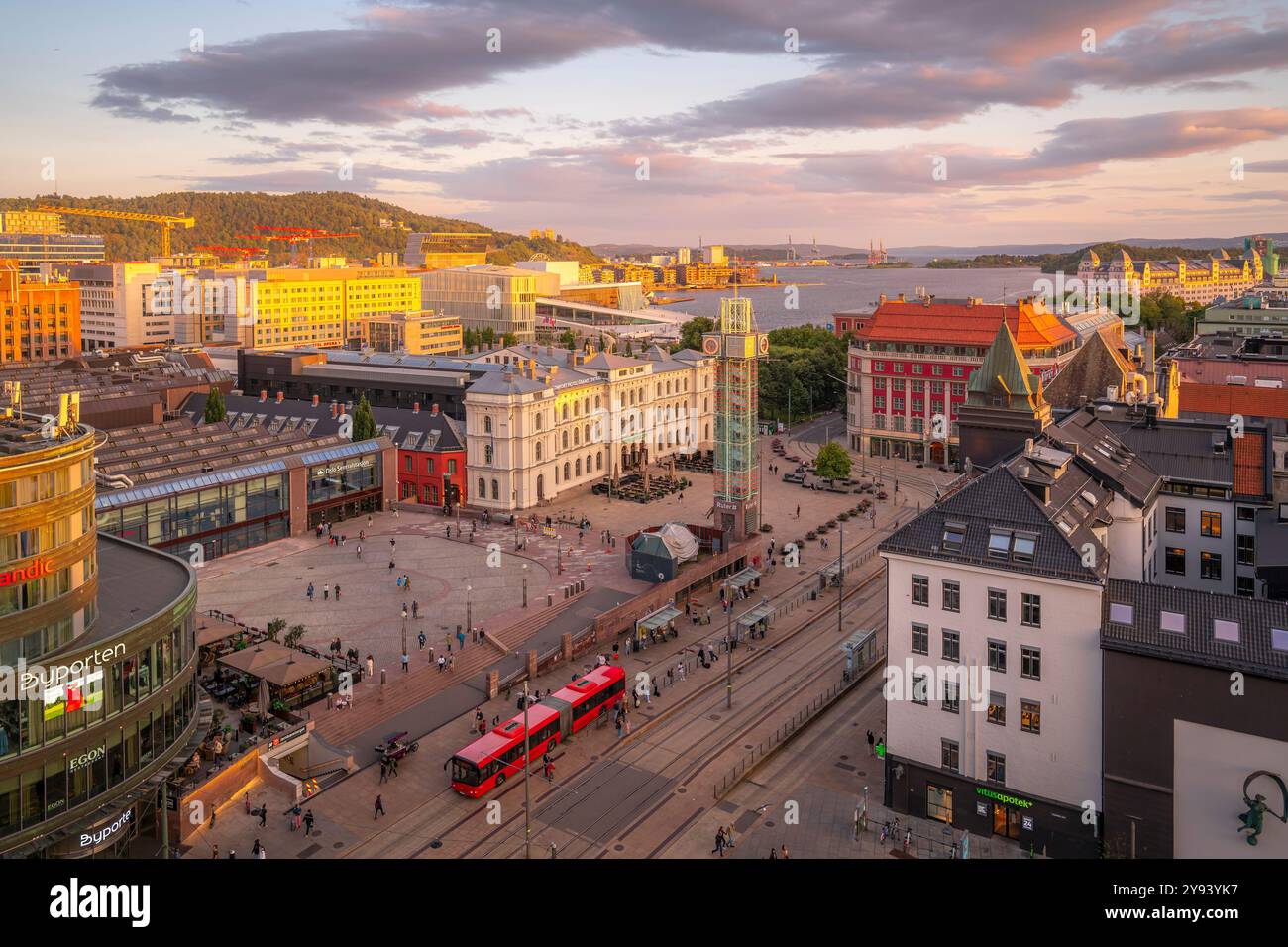 View of Jernbanetorget and city skyline from elevated position at ...