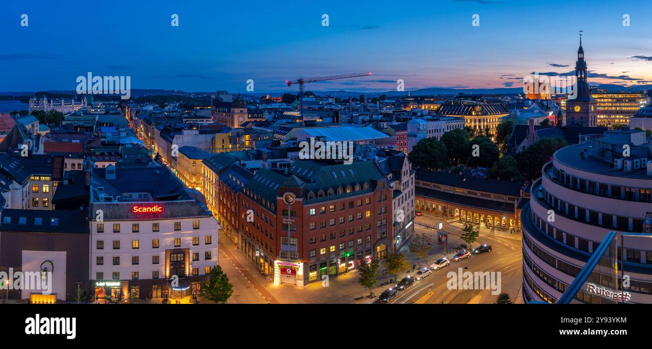 View of Oslo Cathedral and city skyline from elevated position at dusk ...