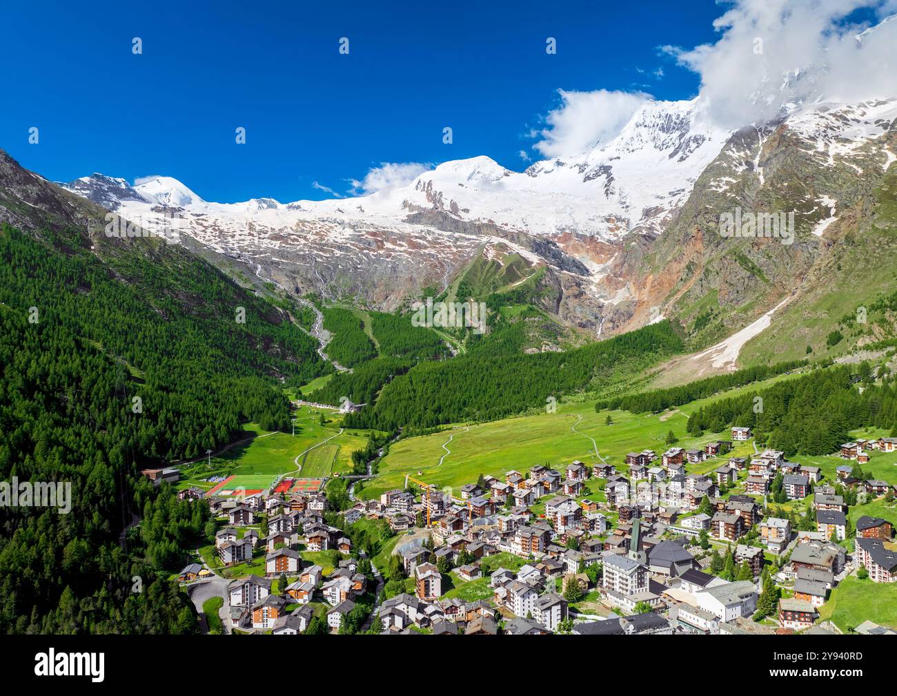 Aerial by drone of Saas-Fee village, Valais Canton, Switzerland, Europe ...
