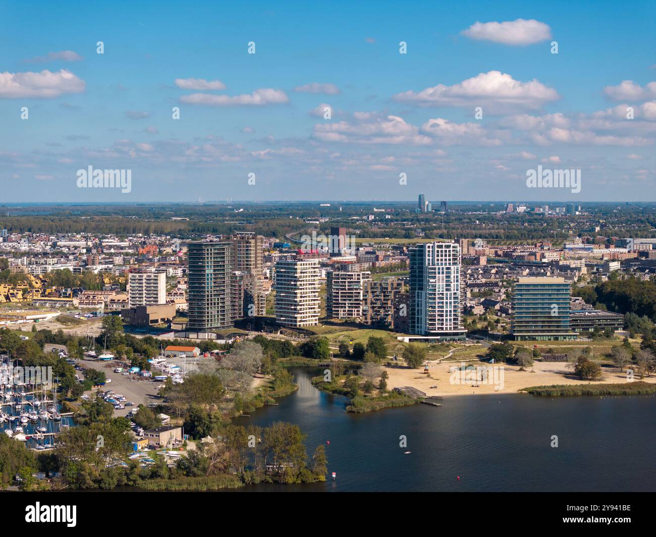 aerial view of the new high-rise district '"Almere Duin", Flevoland ...