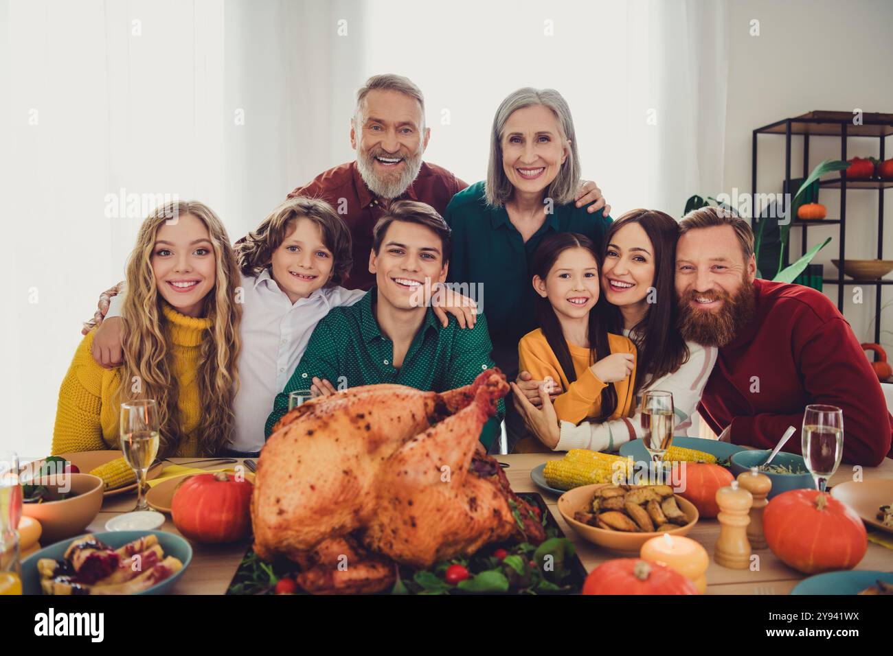 Portrait of people celebrating thanksgiving day traditional feast time ...
