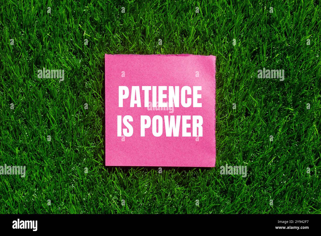 Patience is power message written on ripped torn pink paper with green ...