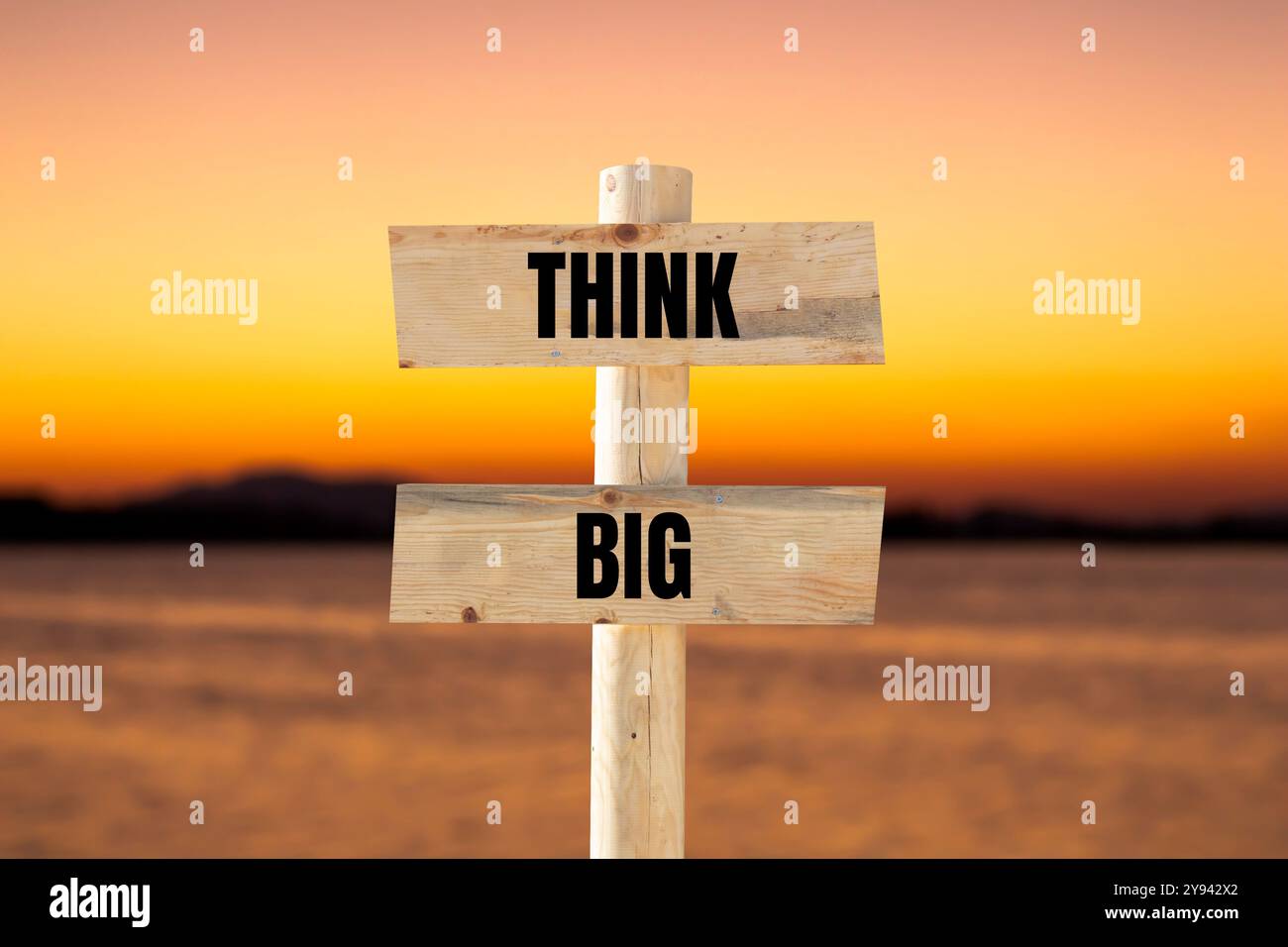 Think big message written on wooden sign with blurry lake background ...