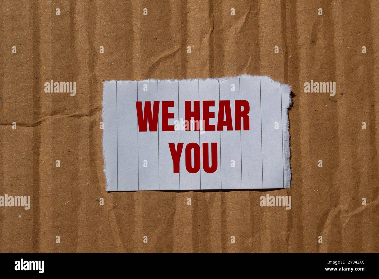 We hear you message written on ripped torn paper with cardboard ...