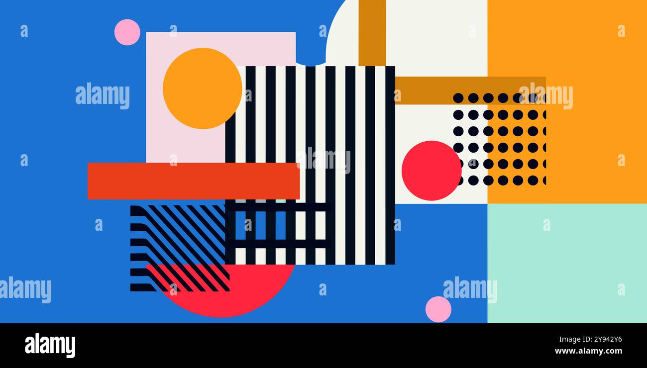 Colorful geometric shapes blend into a dynamic pattern with a Brutalist ...