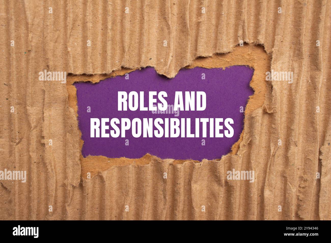 Roles and responsibilities message written on ripped torn cardboard paper on purple background ...