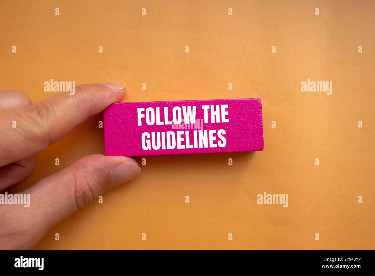 Follow the guidelines message written on pink wooden block with orange ...