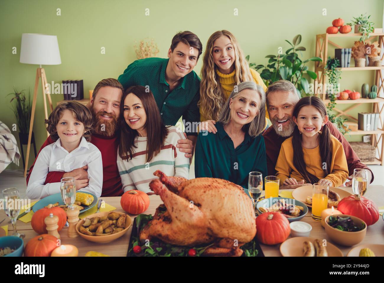 Portrait of people celebrating thanksgiving day traditional feast time ...