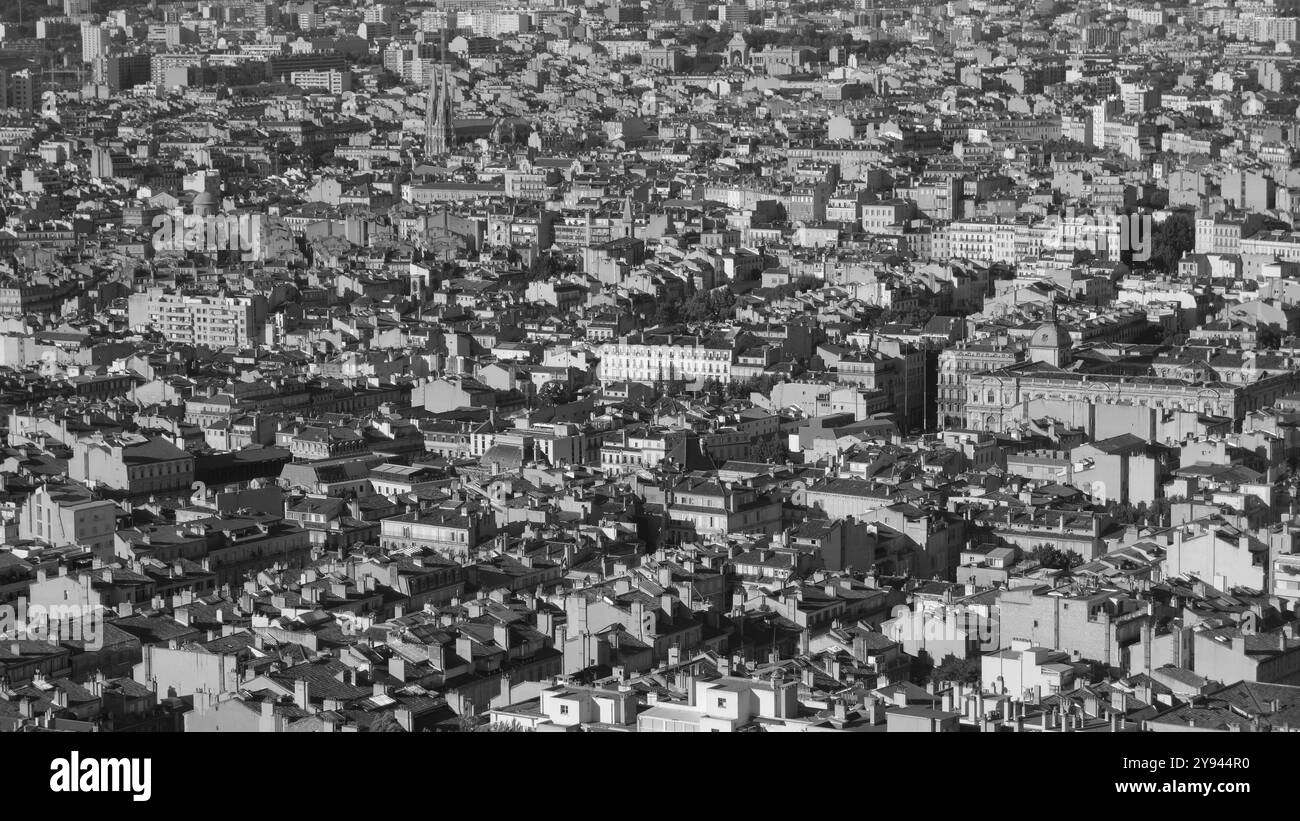 Black and white aerial photograph capturing the dense architectural ...