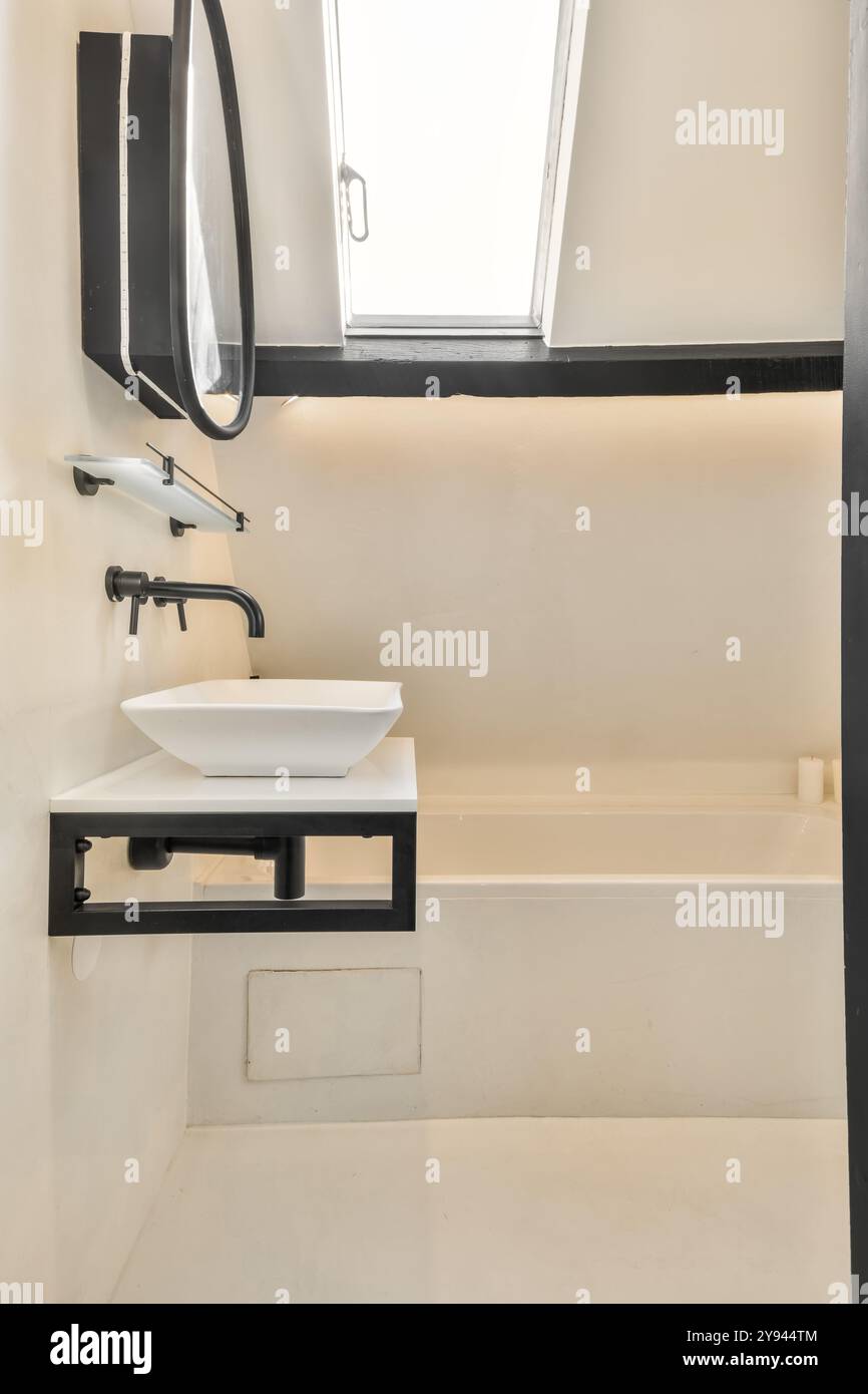 A contemporary minimalist bathroom featuring a vessel sink, wall ...