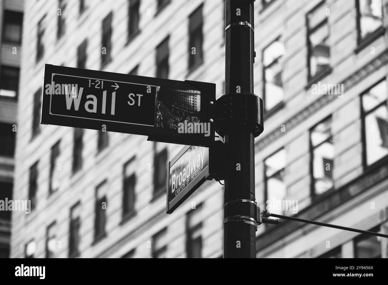 Black and white photograph of the Wall Street and Broadway street signs ...