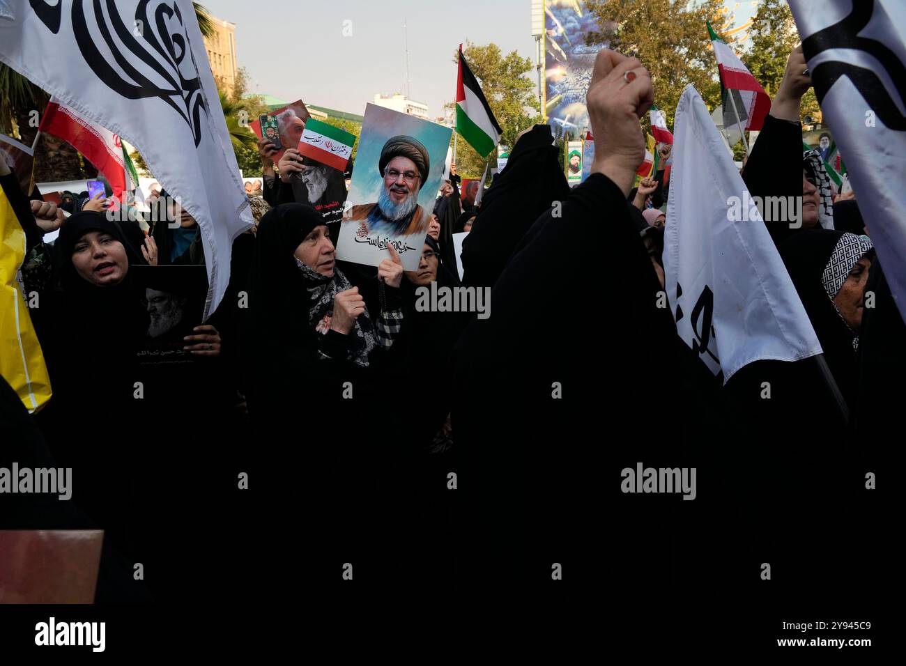 Iranian demonstrators chant slogans as one of them holds a poster of ...