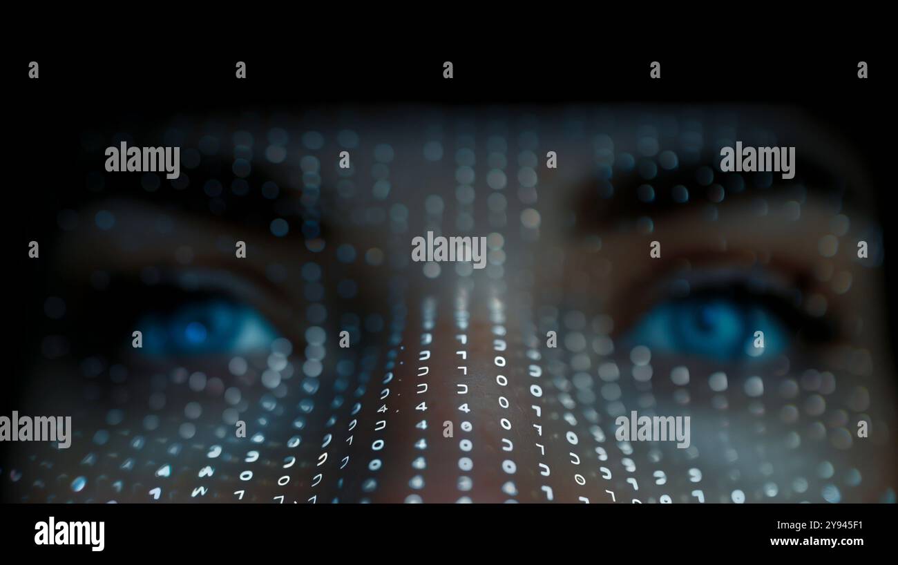 Pair of human eyes merge into streaming binary code. Conceptual ... Pair of human eyes merge into streaming binary code. Conceptual ...