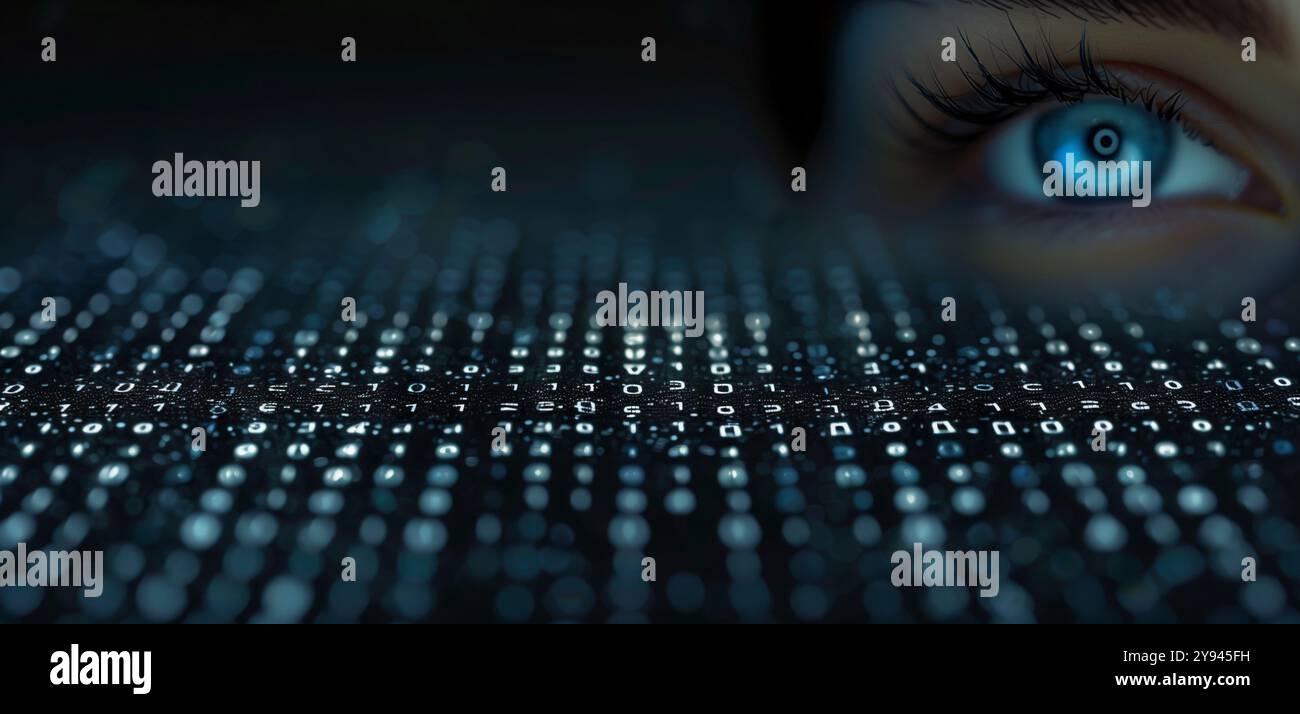 Human eye merges into streaming binary code. Conceptual representation of merging of physical ...