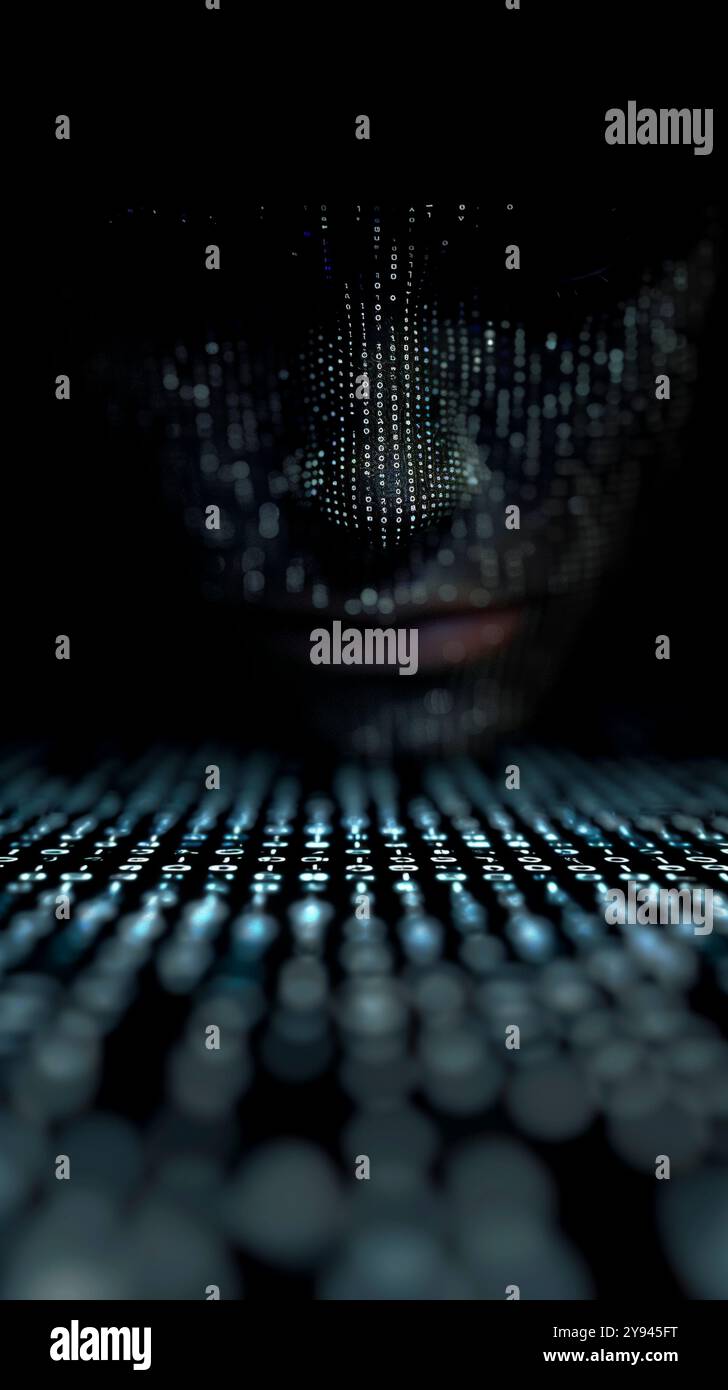Pair of human eyes merge into streaming binary code. Conceptual representation of merging of ...