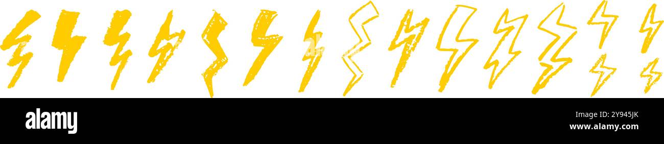 Set of lightning by wax pencil drawing. Collection of handdrawing chalk ...