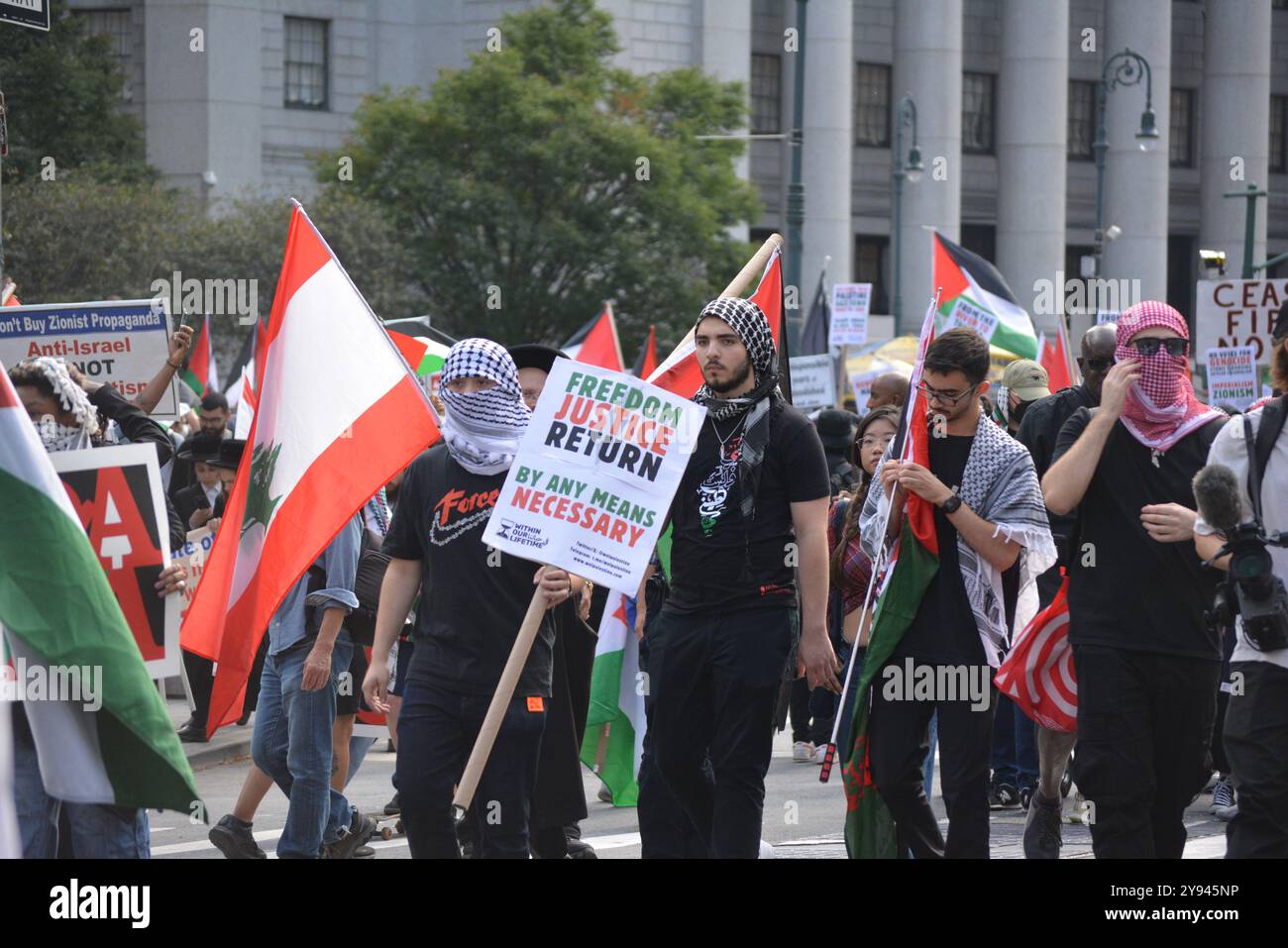 People with signs and flags during a Pro Palestine demonstration on the ...