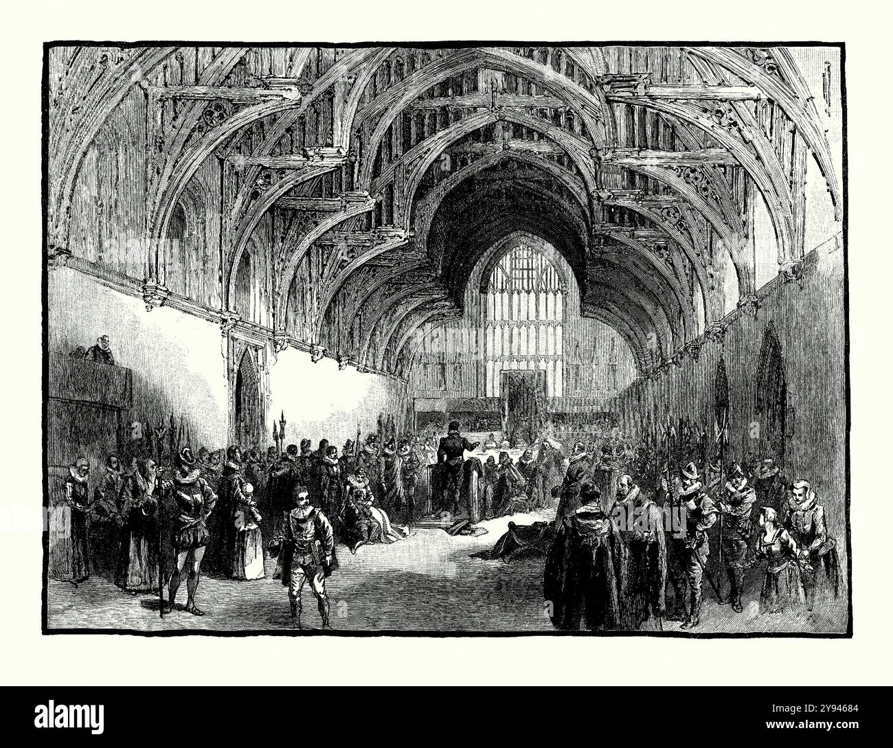 An old engraving of an Elizabethan state trial being held in ...