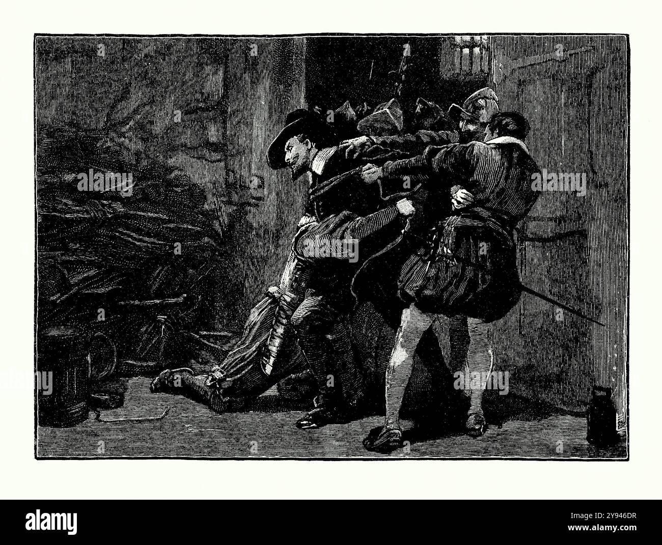 An old engraving of the arrest of Guy Fawkes in the cellar where the ...