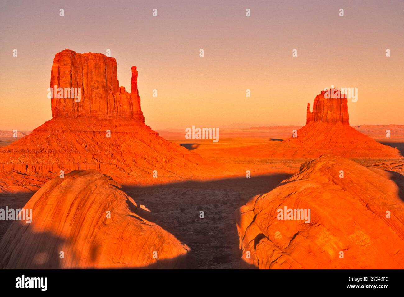 East & West Mitten buttes, sunset, Visitor Center View, Monument Valley ...