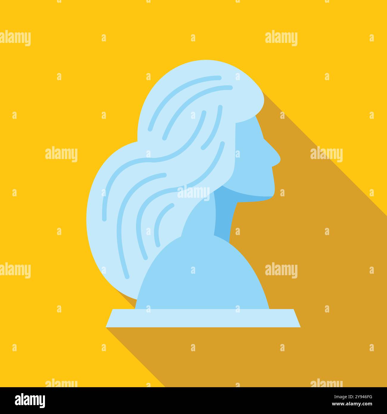 Blue monochrome bust sculpture of a woman with long hair on a yellow ...