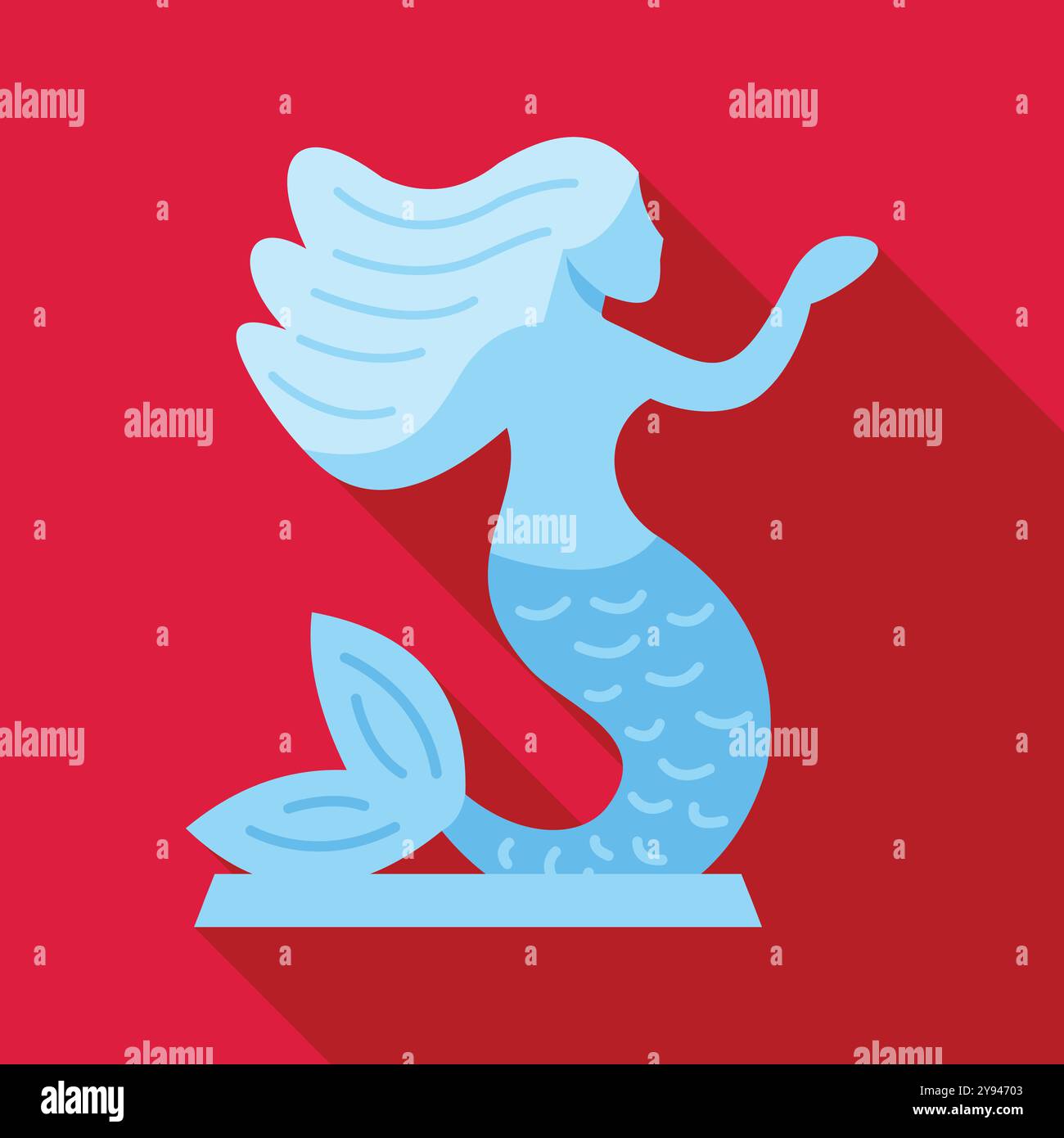 Minimalist vector illustration of a blue mermaid statue posing on a red ...