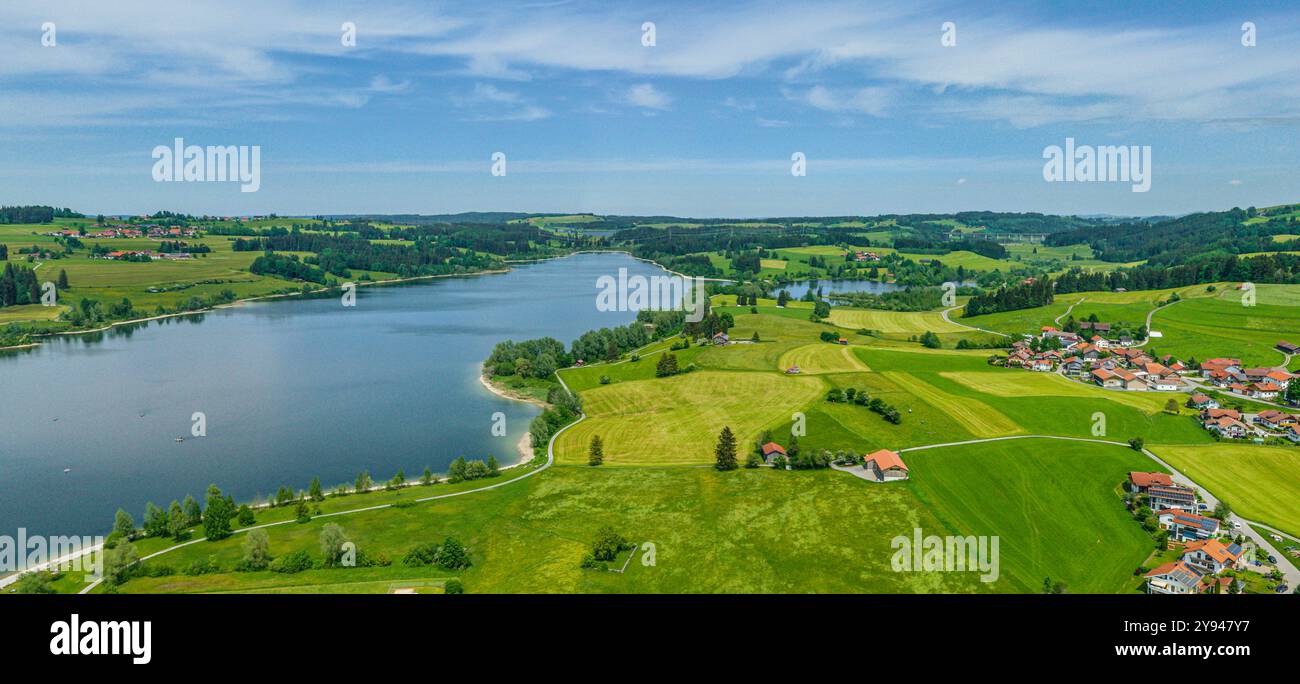 Aerial view of the Lake Rottach near Petersthal in the Allgäuer ...