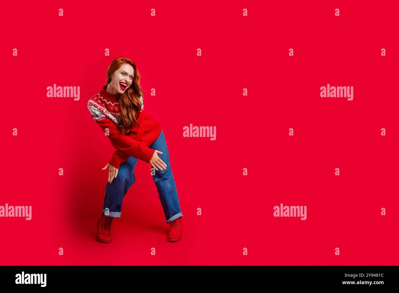 Photo of funky boogie woogie dancer girl wearing ugly sweater come to ...