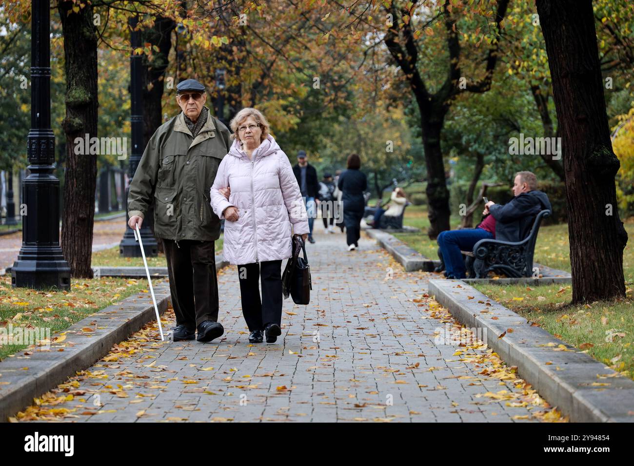 Old couple walking in autumn park. Man with cane, life in retirement ...
