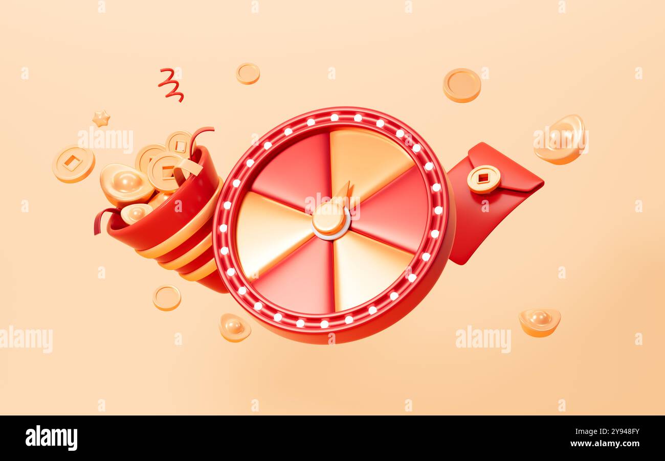 Spinning fortune wheel with red envelopes, gold coins, gold ingots and ...