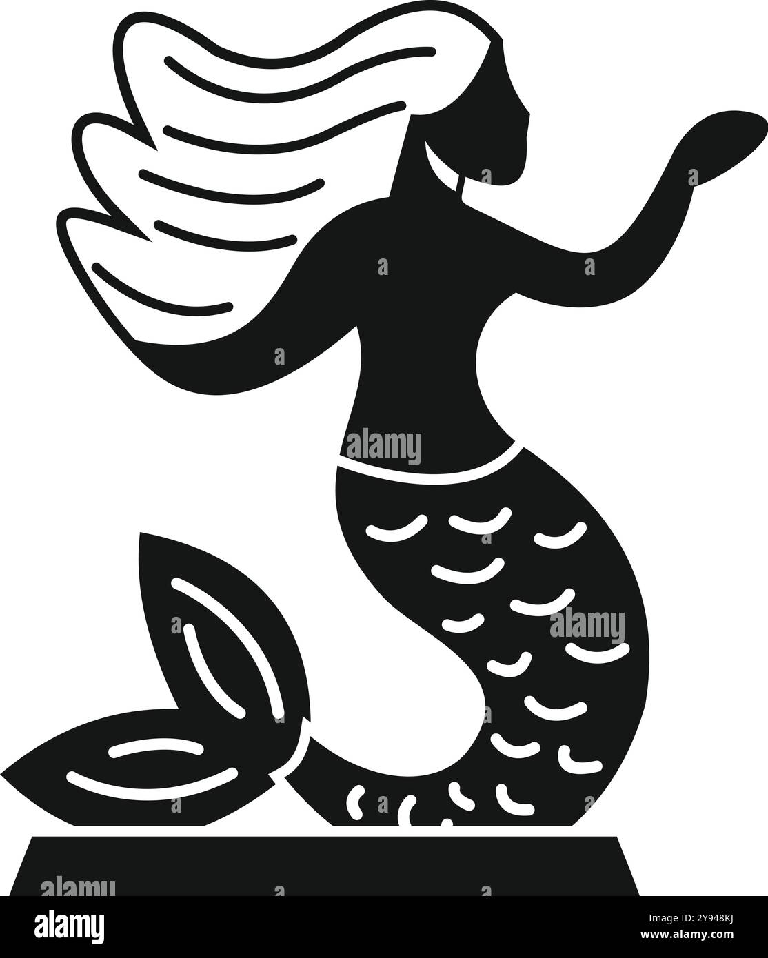 Black and white silhouette of a mermaid statue posing with long flowing ...