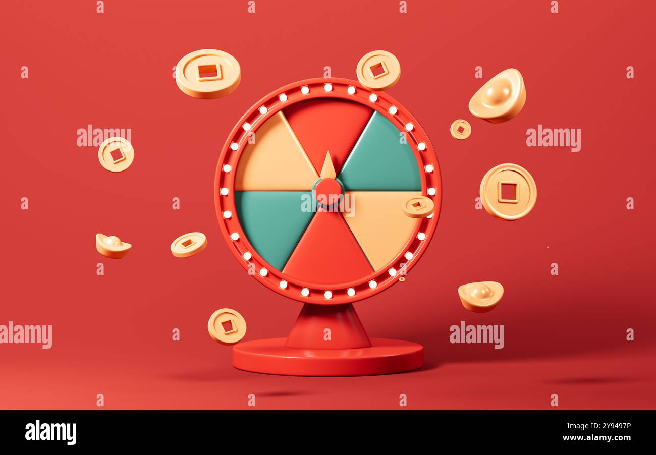 Spinning fortune wheel with red envelopes, gold coins, gold ingots and ...