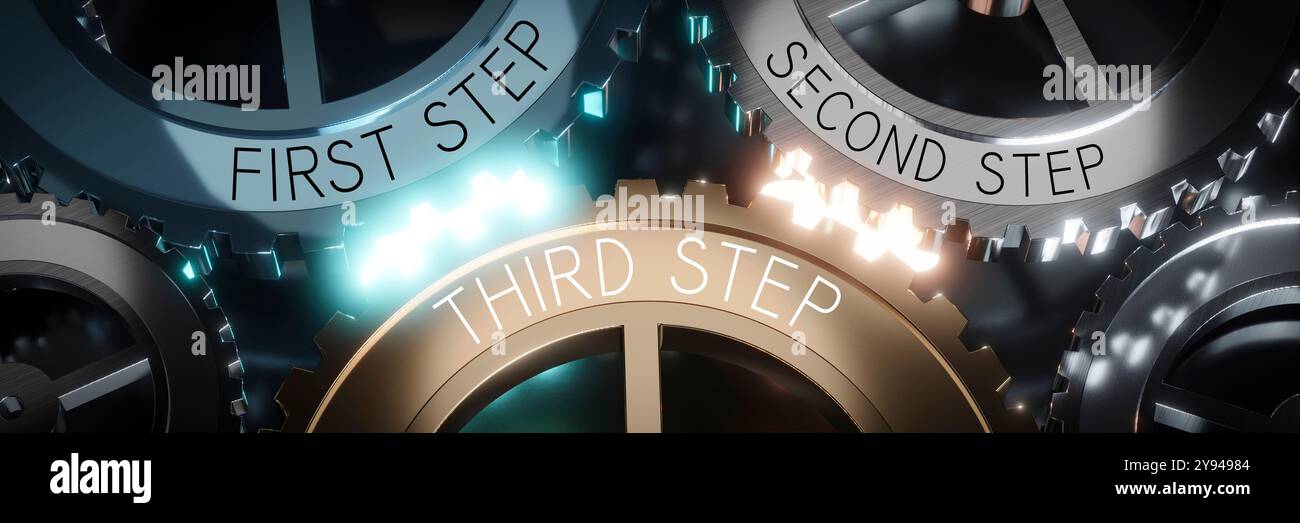 First, second, third step - gears concept - 3D illustration Stock Photo ...