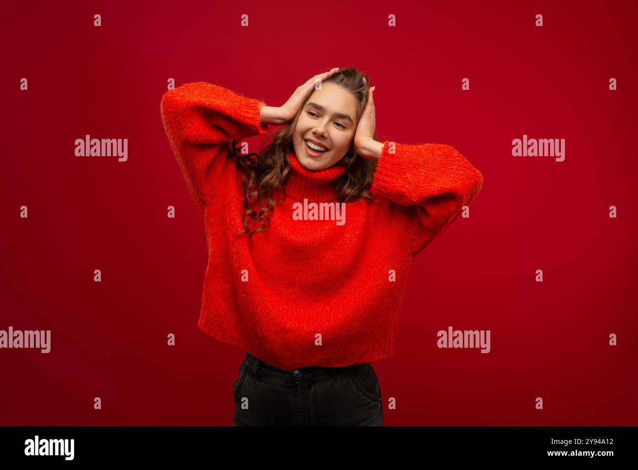 Happy emotional young woman Generation Z in casual clothing smiling in ...