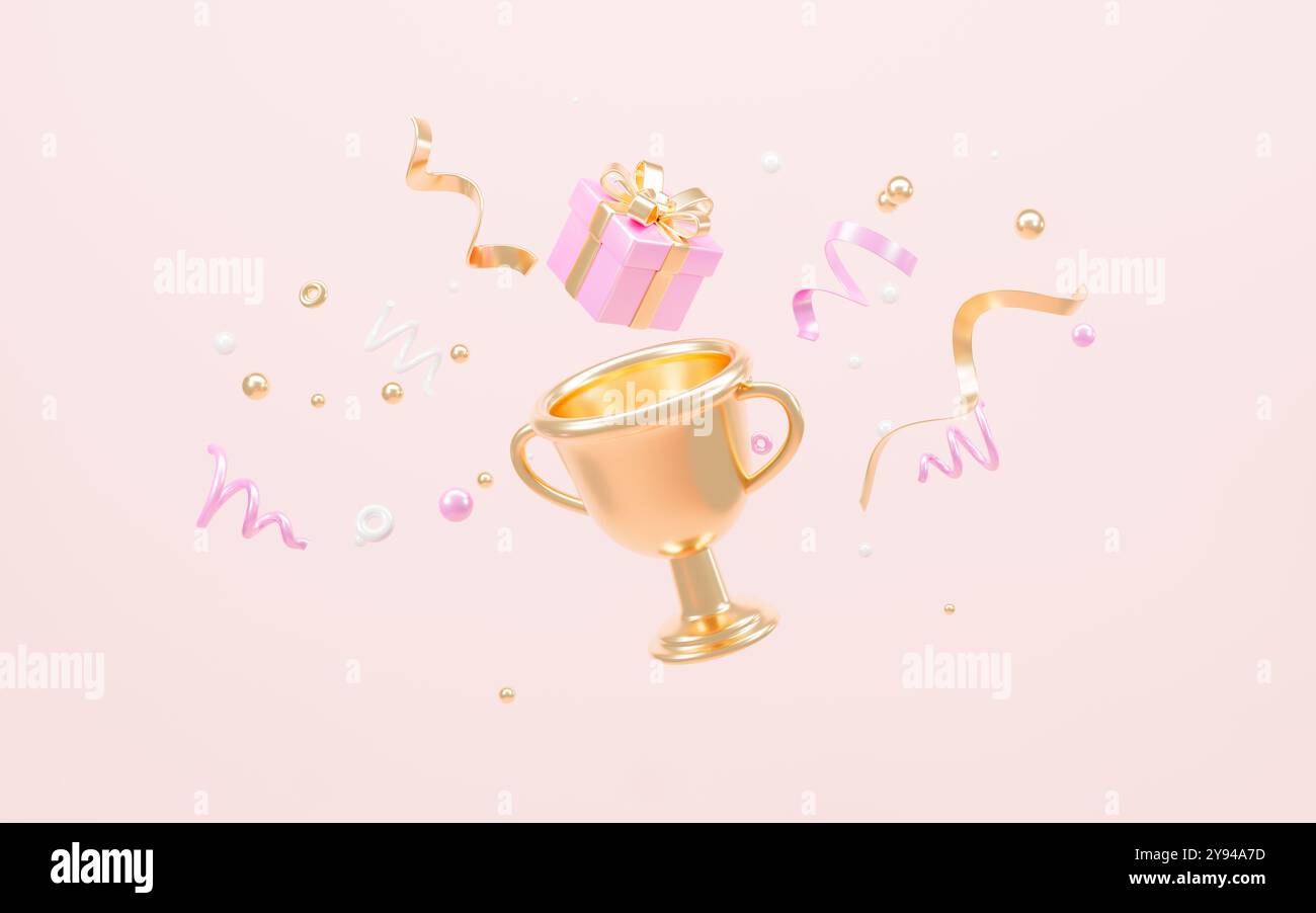 Golden trophy with floating gift, floating gold ribbons, celebration ...