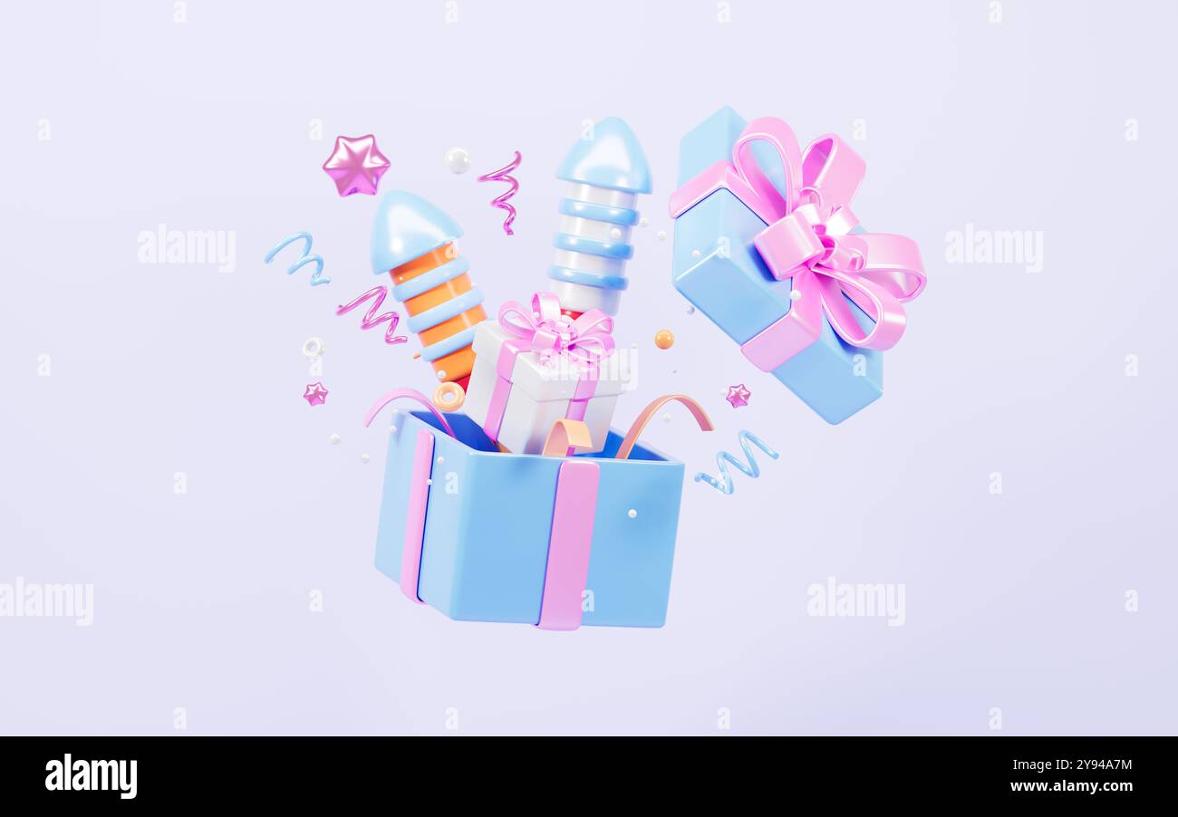 Cartoon firecracker and rocket with explosion confetti. Birthday ...