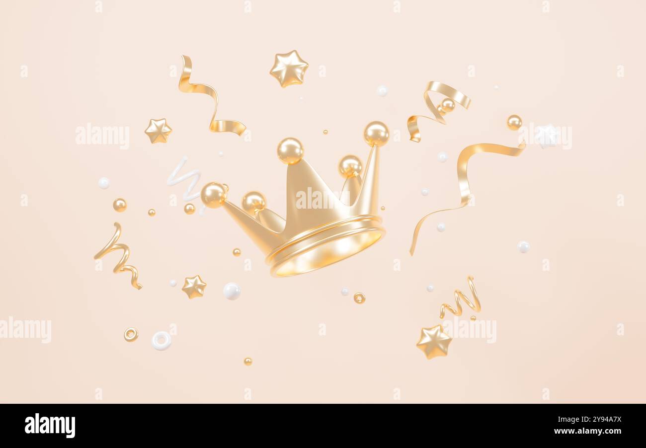 Gold crown with gold floating ribbons, 3d rendering. 3d illustration ...